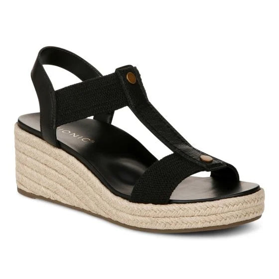 Vionic Calera Wedge Black Leather Women's Sandal